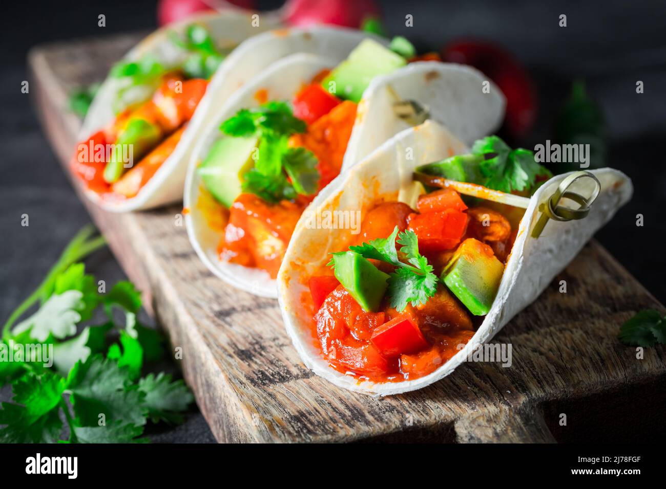 Healthy and tasty tacos as spicy Mexican snack. Tacos with vegetables ...