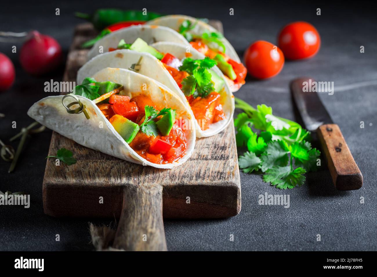 Tasty and vegetarian tacos as spicy Mexican snack. Mexican Tacos made ...
