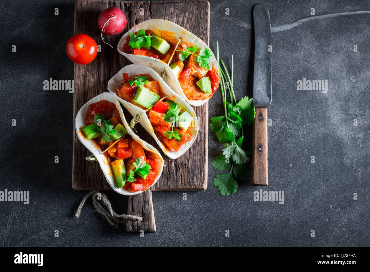 Delicious and homemade tacos as spicy starter for restaurant. Spicy ...
