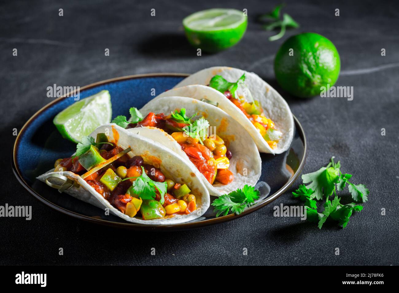 Vegetarian and healthy tacos as quick snack for party. Spicy Vegetarian ...