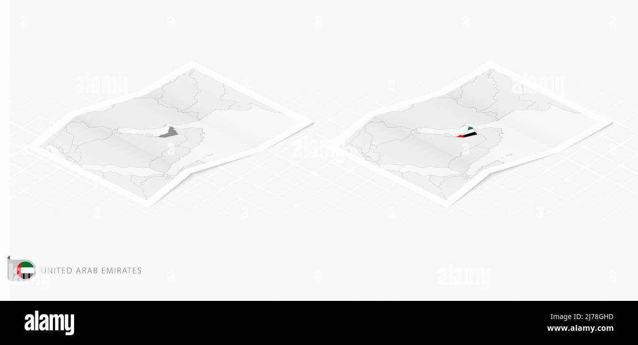 Set of two realistic map of United Arab Emirates with shadow. The flag ...