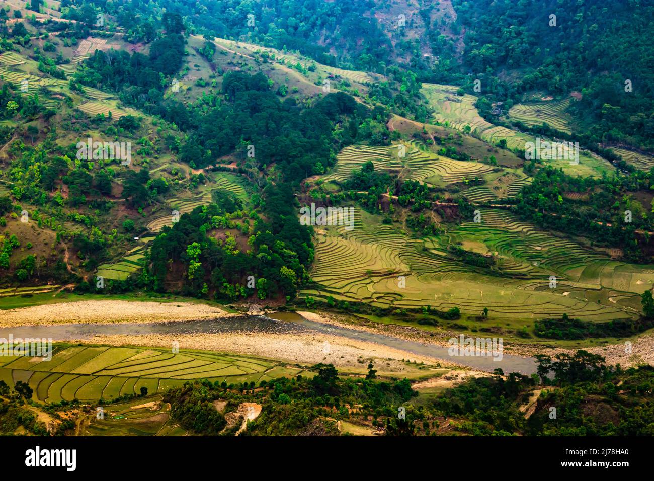 agriculture farming Fields with river flowing and surrendered by ...