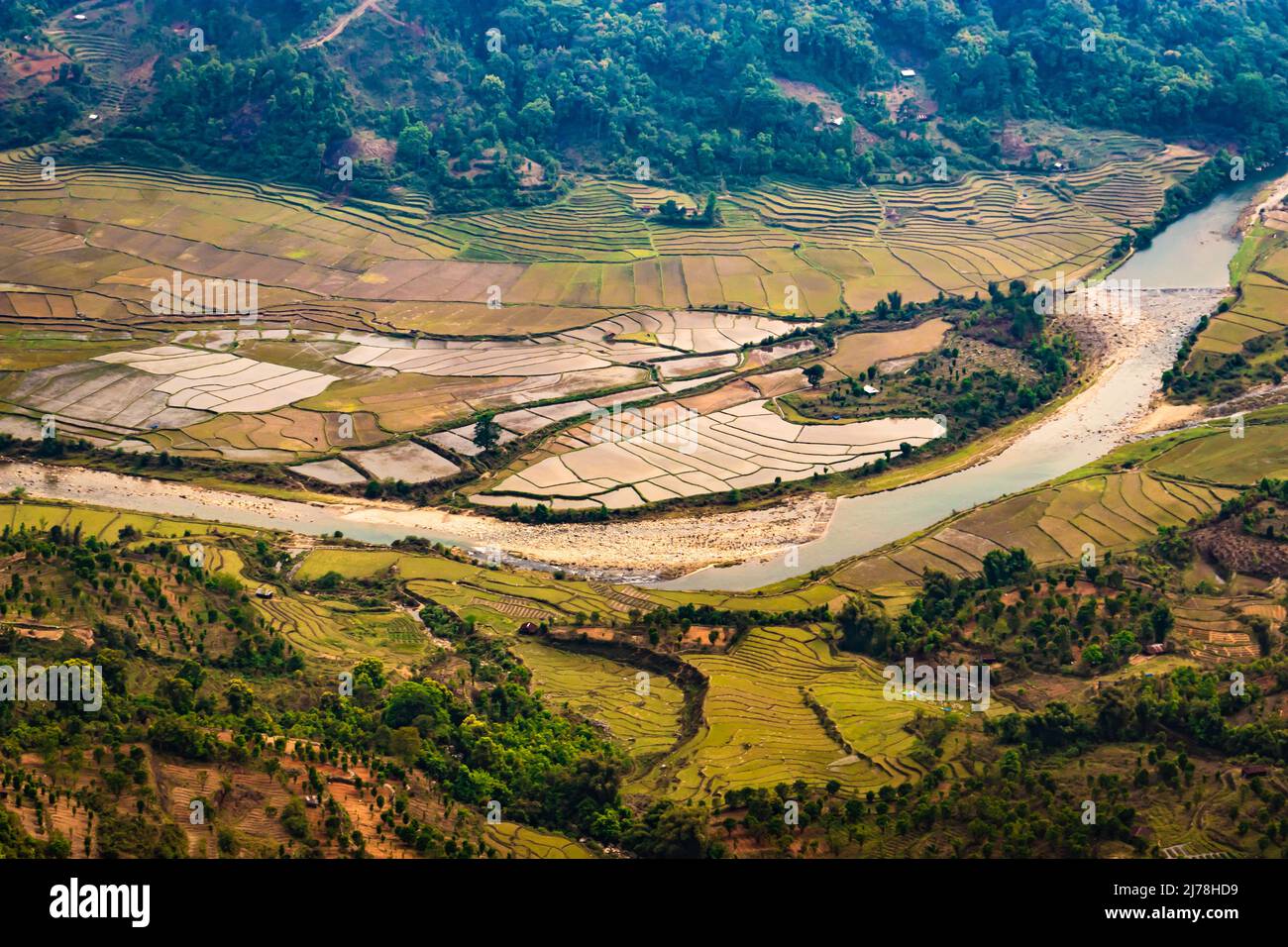 agriculture farming Fields with river flowing and surrendered by ...