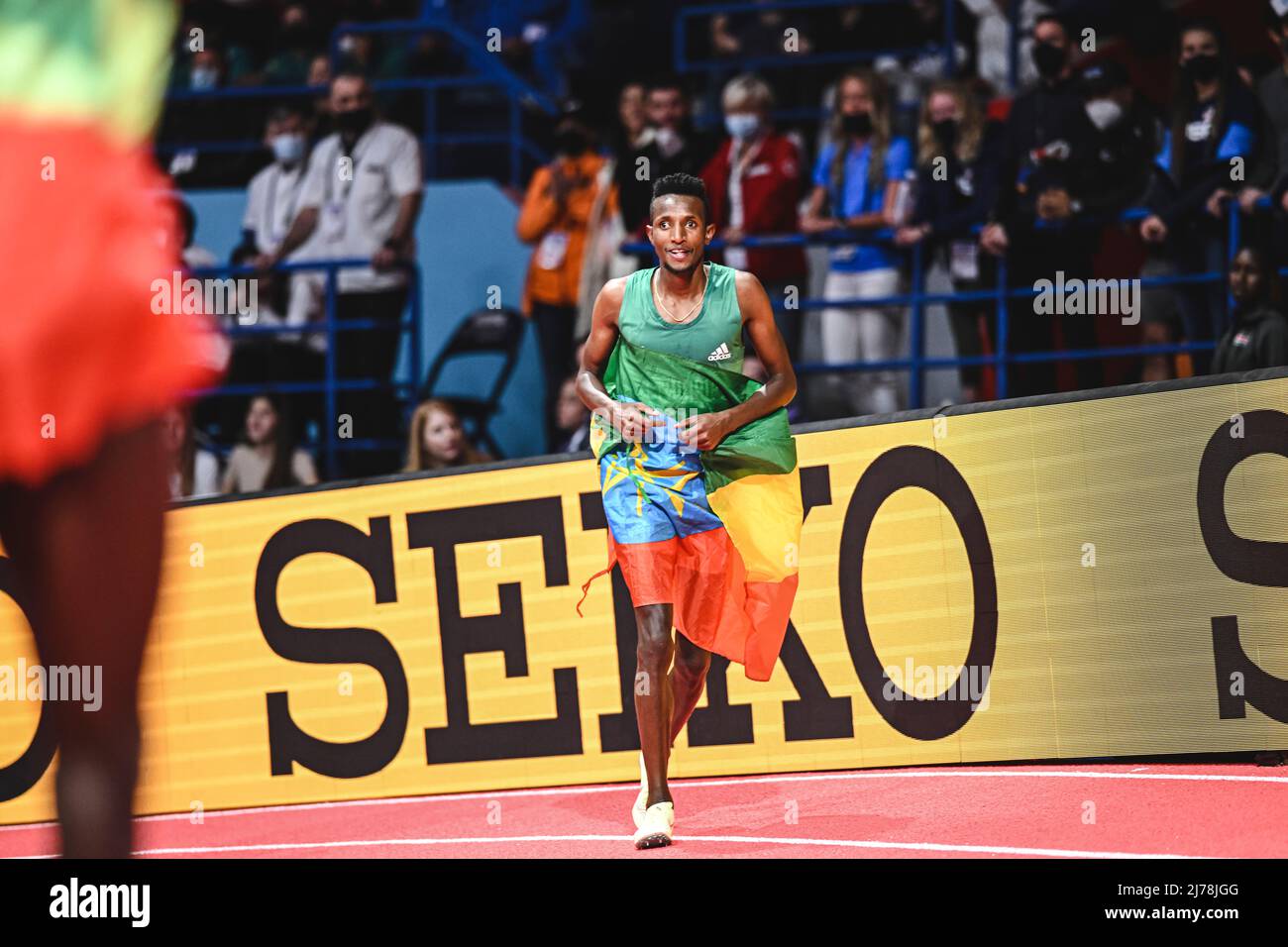Selemon Barega with the Ethiopia flag at the Belgrade 2022 Indoor World ...