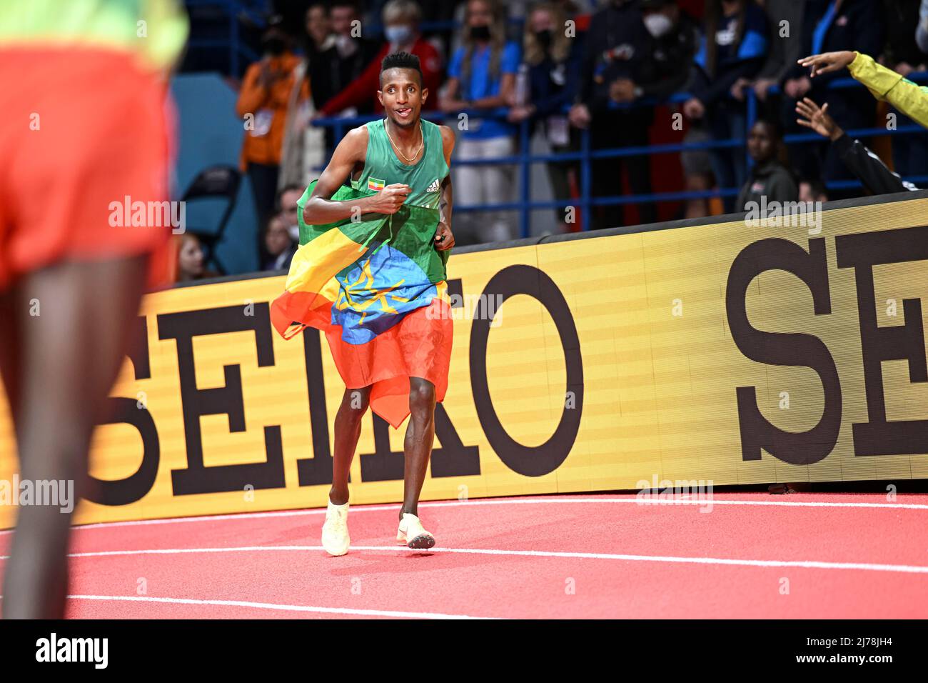 Selemon Barega with the Ethiopia flag at the Belgrade 2022 Indoor World ...