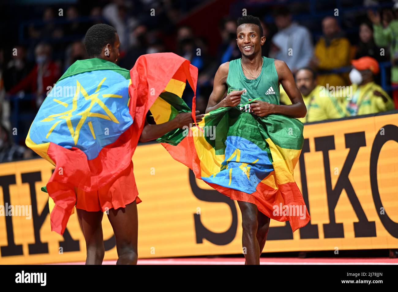 Selemon Barega with the Ethiopia flag at the Belgrade 2022 Indoor World ...