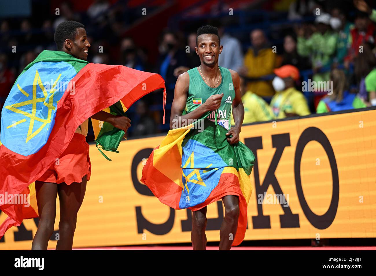 Selemon Barega with the Ethiopia flag at the Belgrade 2022 Indoor World ...