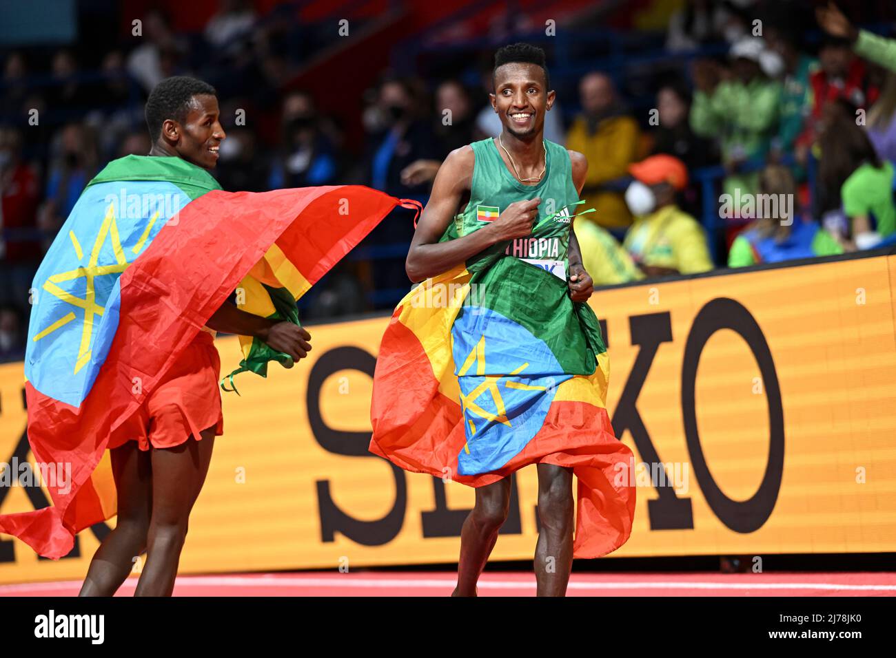Selemon Barega with the Ethiopia flag at the Belgrade 2022 Indoor World ...