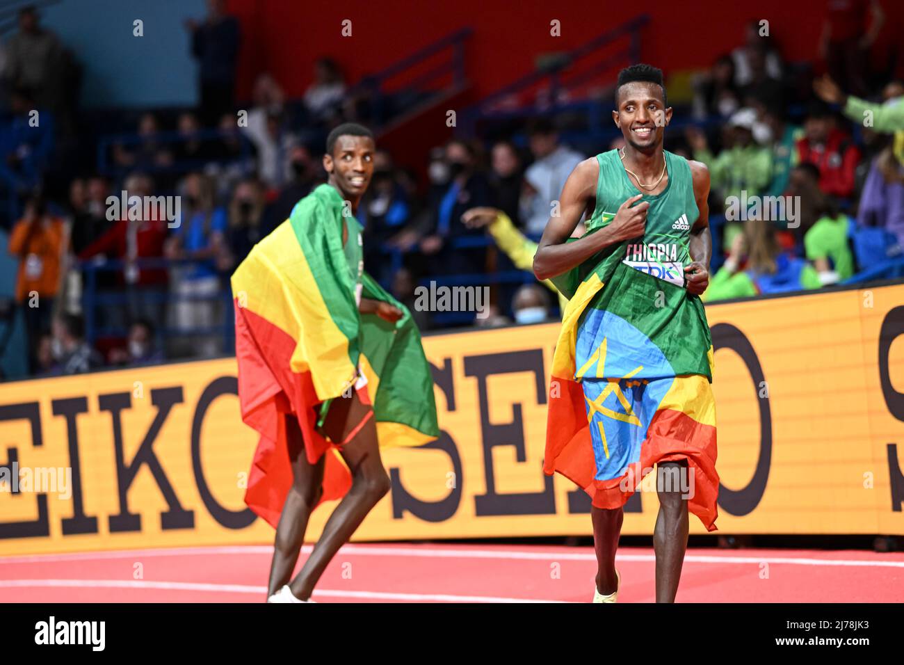 Selemon Barega with the Ethiopia flag at the Belgrade 2022 Indoor World ...