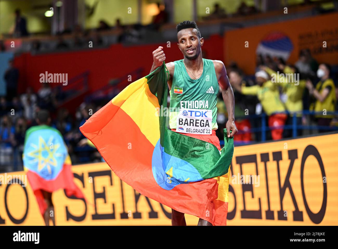 Selemon Barega with the Ethiopia flag at the Belgrade 2022 Indoor World ...