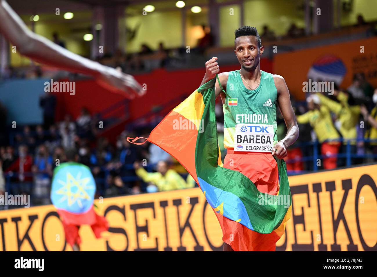 Selemon Barega with the Ethiopia flag at the Belgrade 2022 Indoor World ...