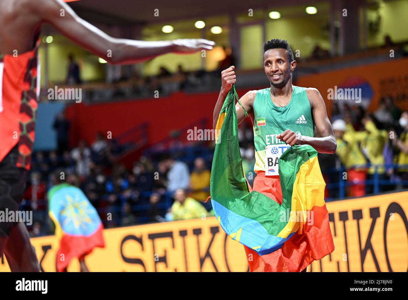 Selemon Barega with the Ethiopia flag at the Belgrade 2022 Indoor World ...
