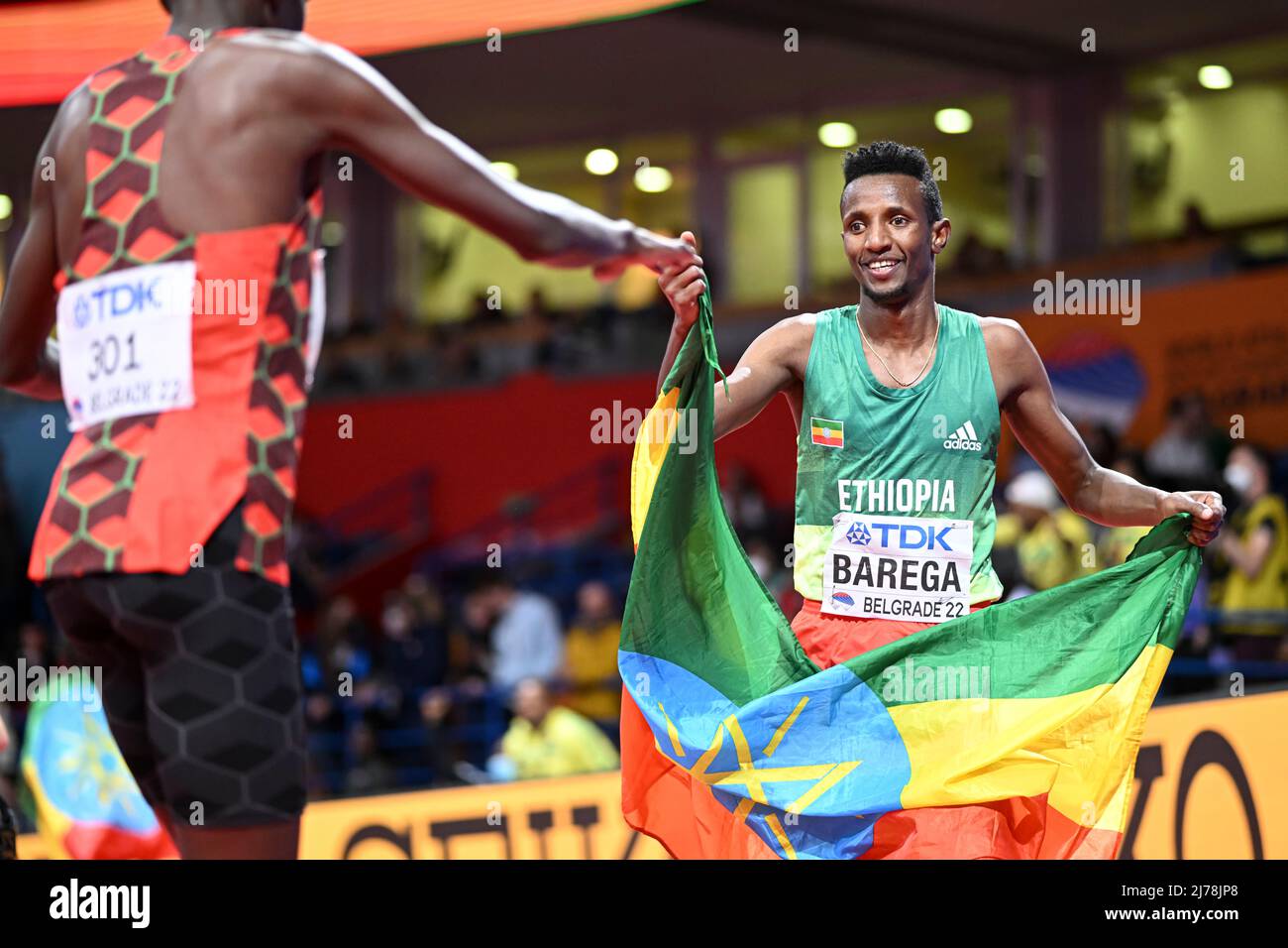 Selemon Barega with the Ethiopia flag at the Belgrade 2022 Indoor World ...