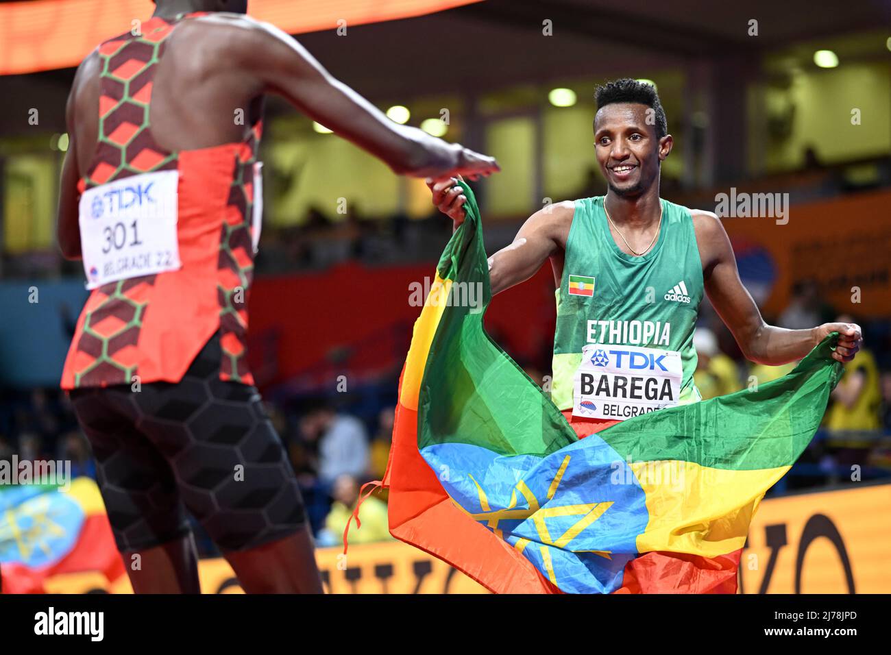 Selemon Barega with the Ethiopia flag at the Belgrade 2022 Indoor World ...