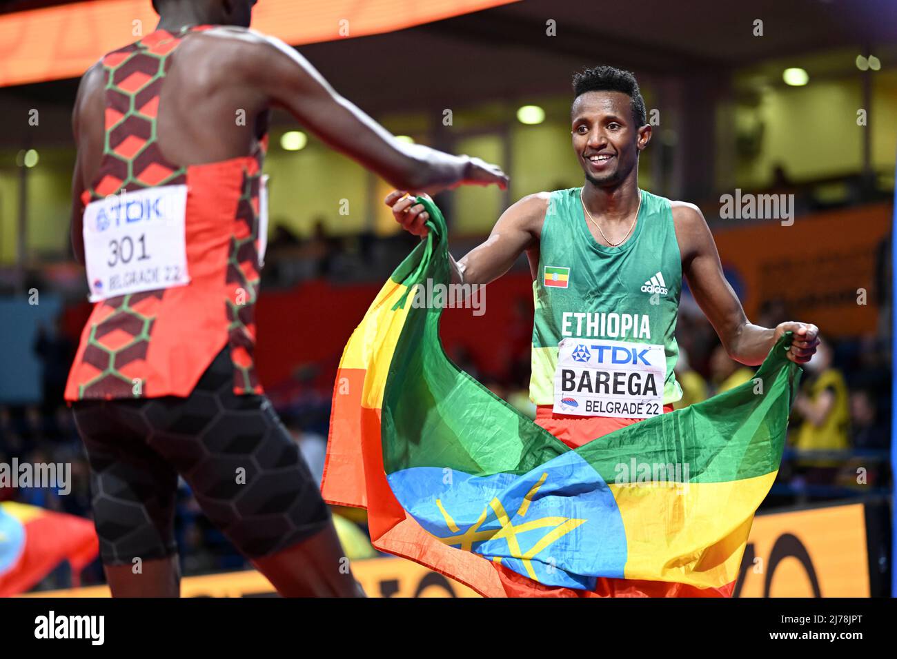 Selemon Barega with the Ethiopia flag at the Belgrade 2022 Indoor World ...