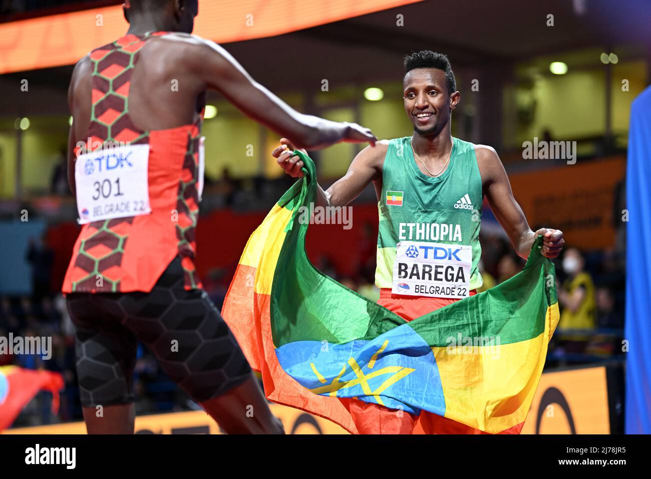 Selemon Barega with the Ethiopia flag at the Belgrade 2022 Indoor World ...