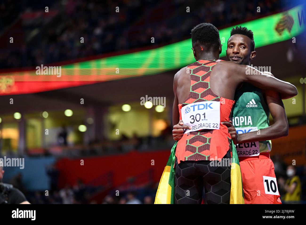 Selemon Barega with the Ethiopia flag at the Belgrade 2022 Indoor World ...