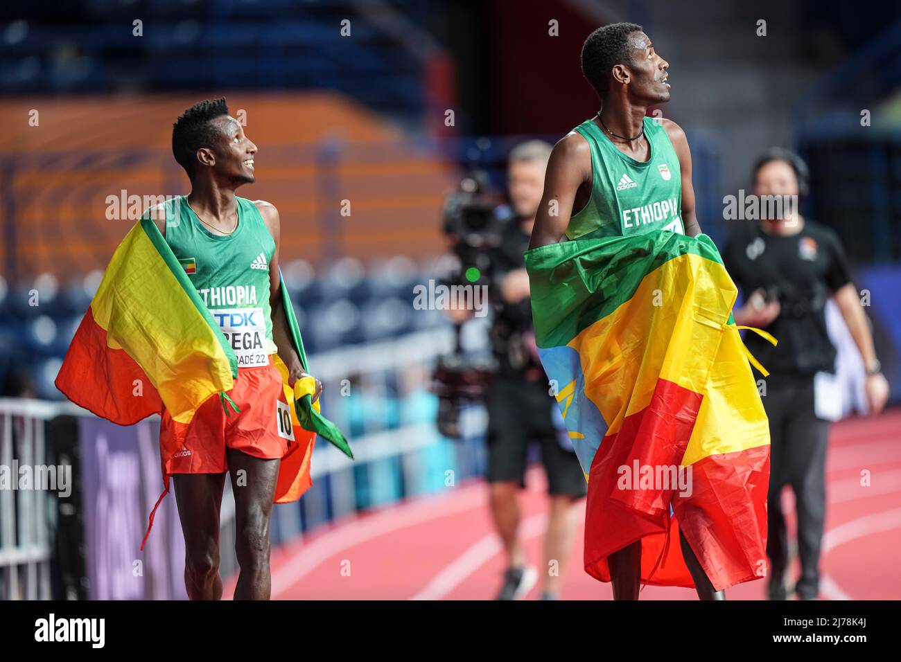 Selemon Barega with the Ethiopia flag at the Belgrade 2022 Indoor World ...