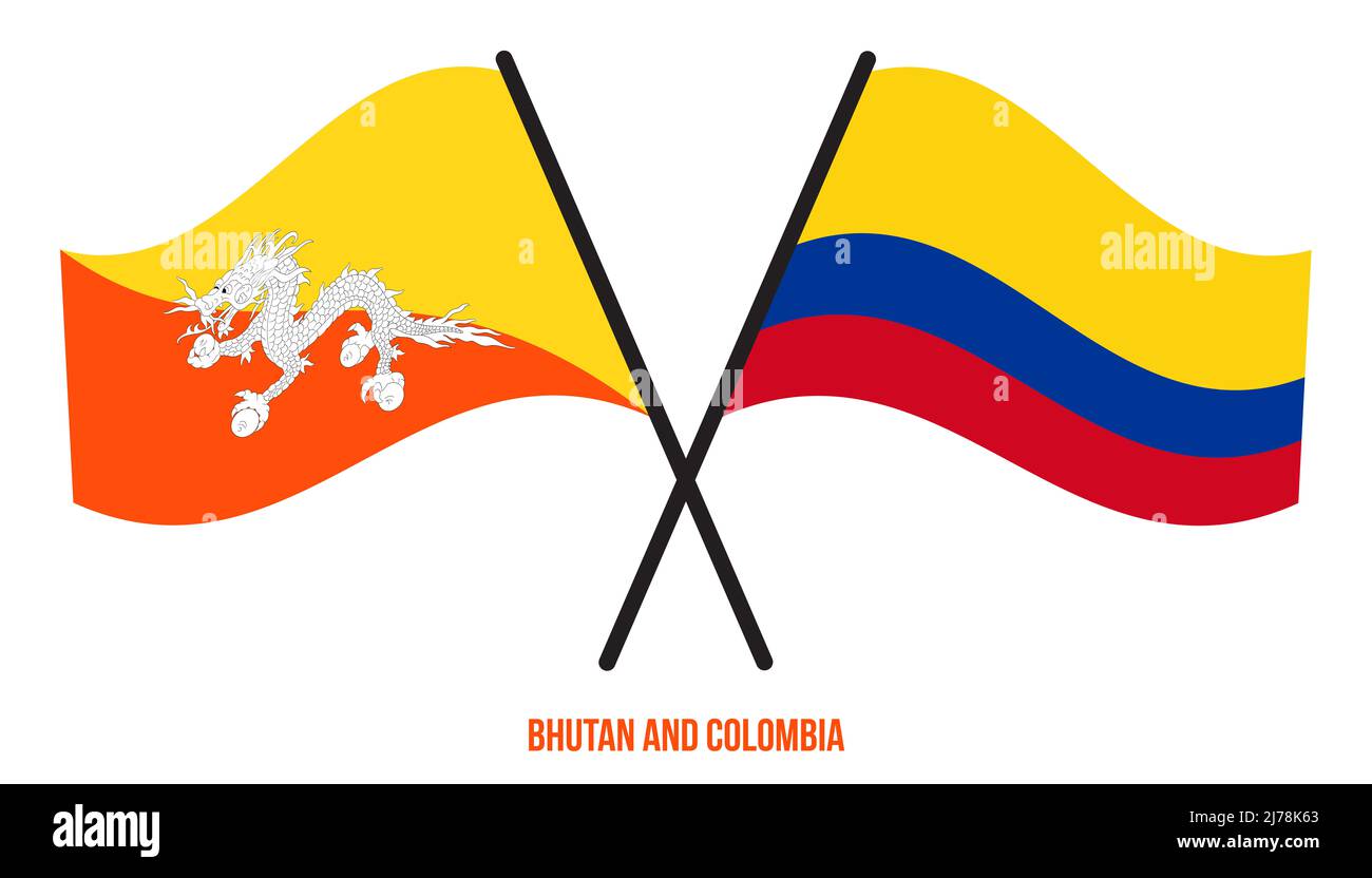 Bhutan and Colombia Flags Crossed And Waving Flat Style. Official Proportion. Correct Colors ...