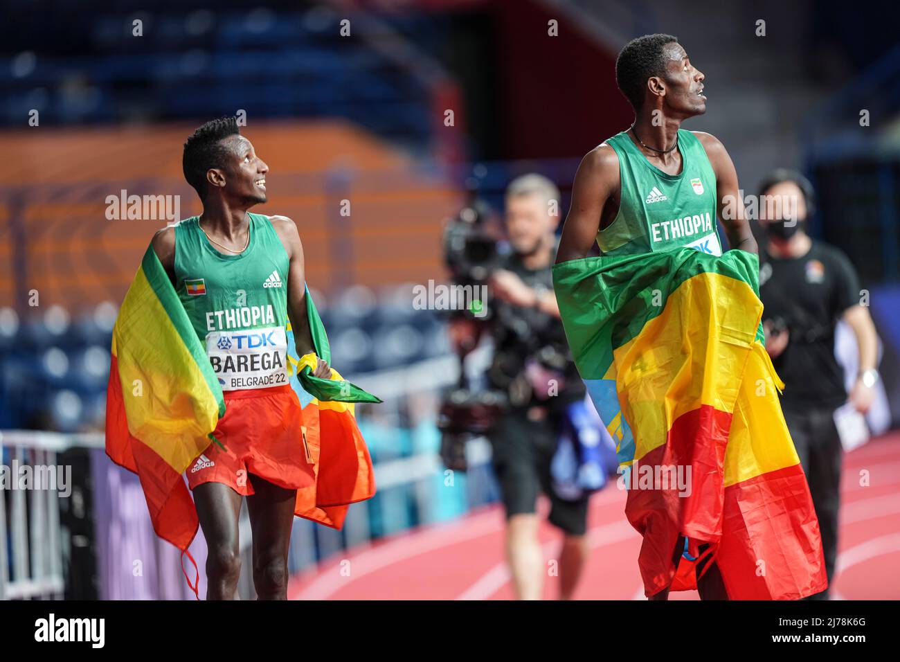 Selemon Barega with the Ethiopia flag at the Belgrade 2022 Indoor World ...
