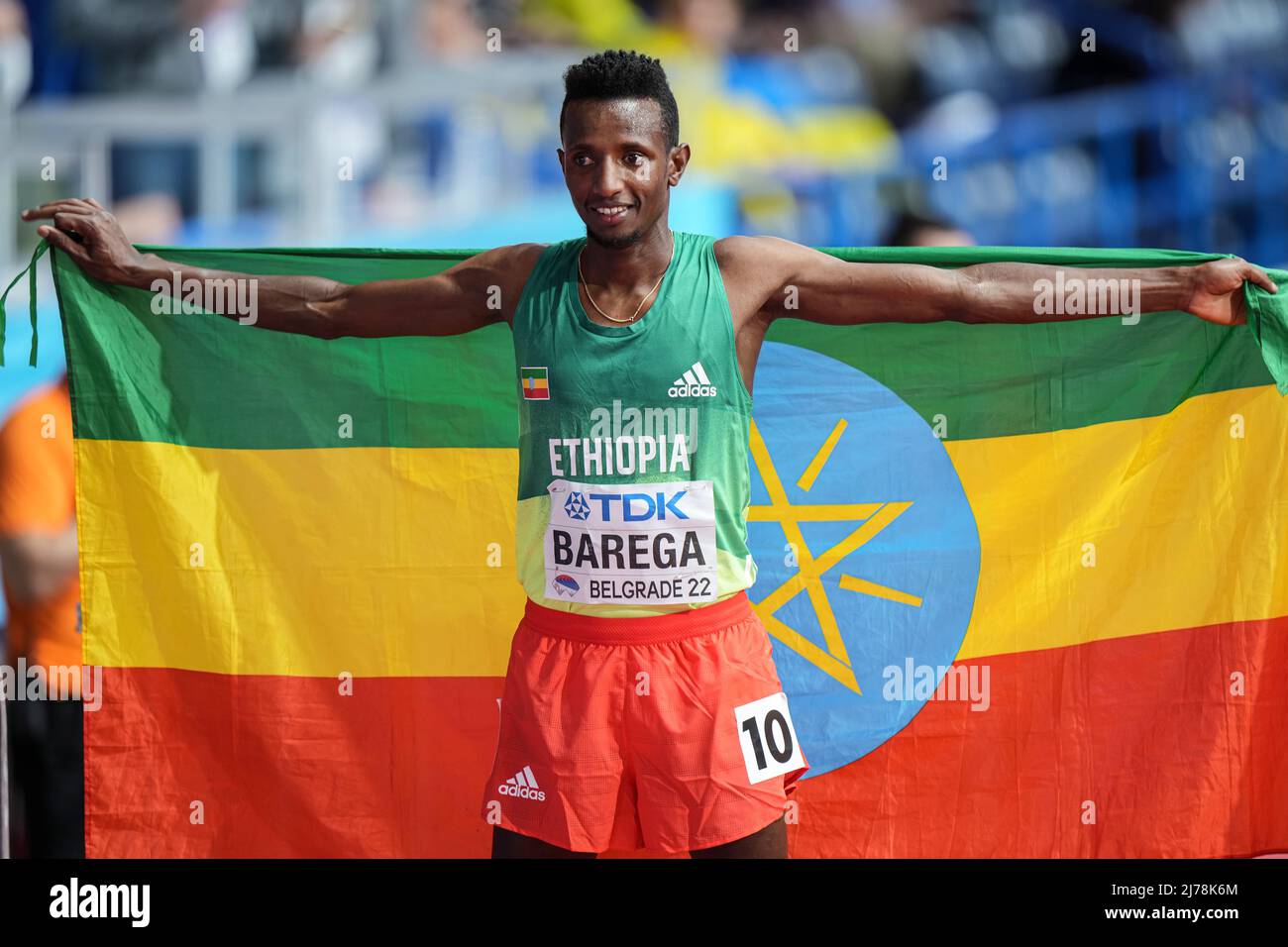 Selemon Barega with the Ethiopia flag at the Belgrade 2022 Indoor World ...