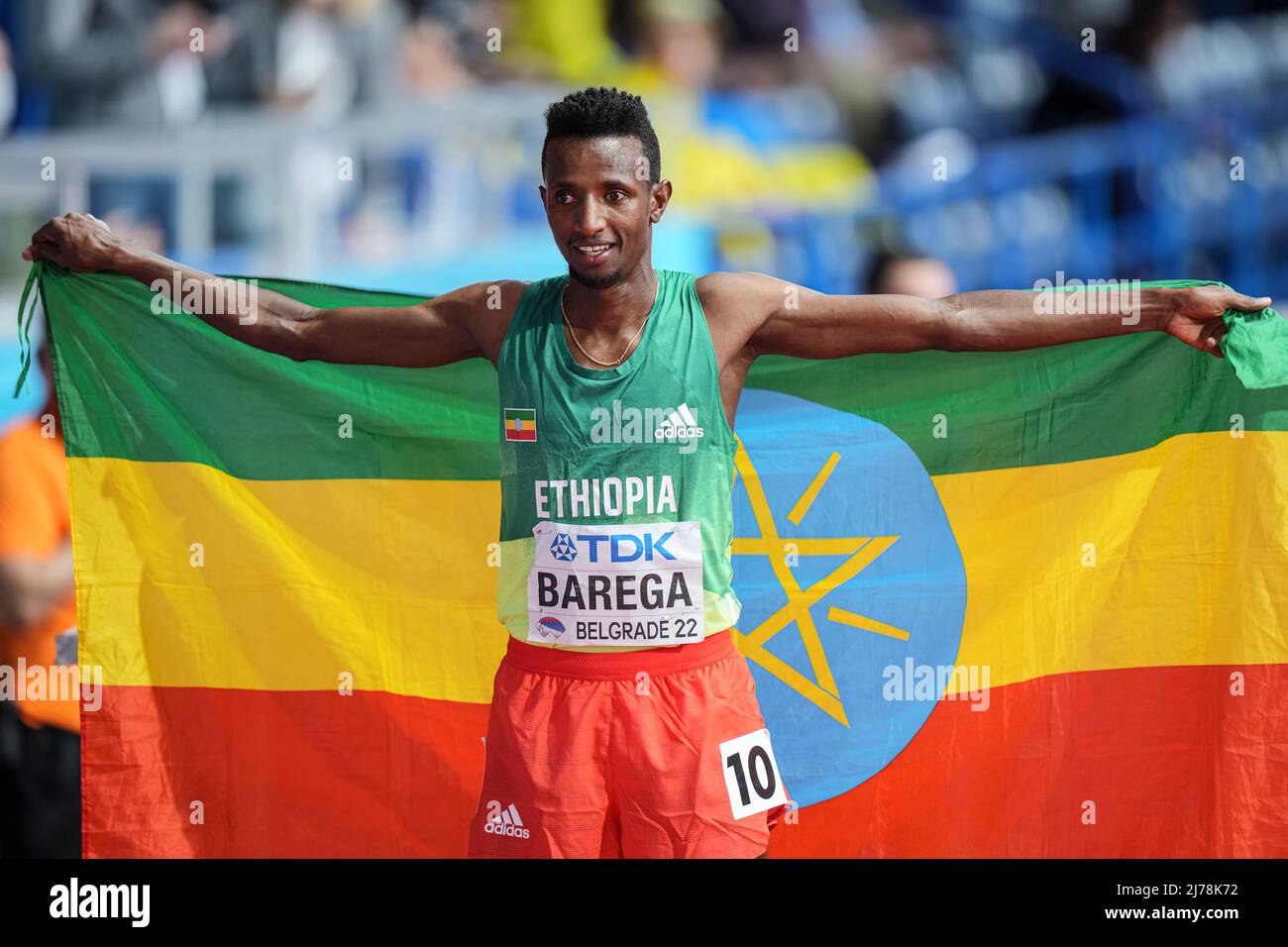 Selemon Barega with the Ethiopia flag at the Belgrade 2022 Indoor World ...