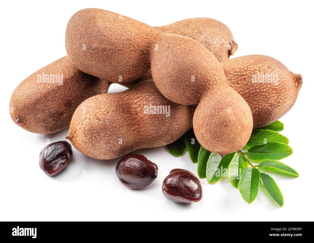 Ripe tamarind fruit, leaves and some tamarind seeds isolated on white ...