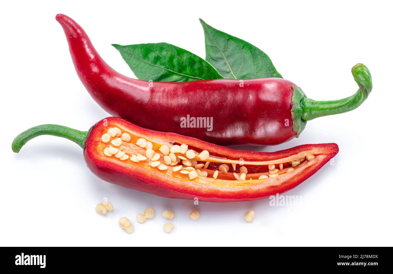 Fresh red chilli pepper and cross section of chilli pepper with seeds ...