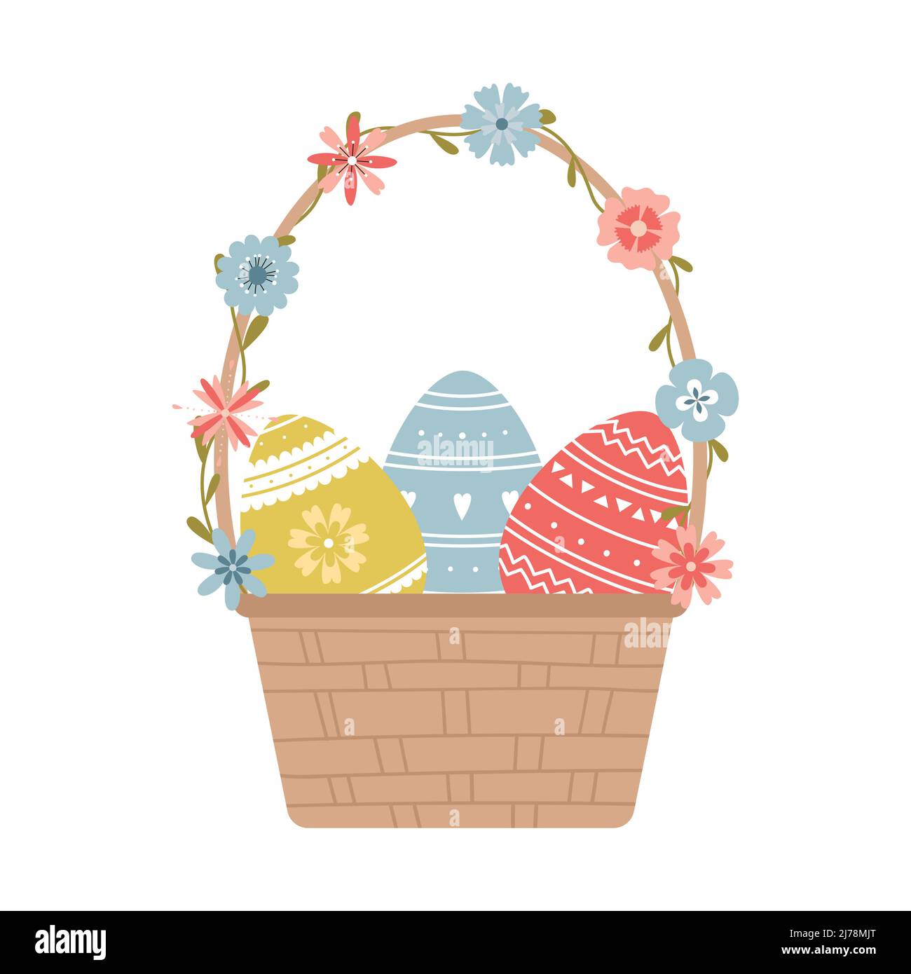 Easter eggs with a pattern in a wicker basket with flowers. Decorated ...