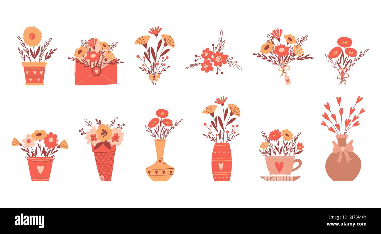 A set of flower arrangements, bouquets in a vase, a cup, an enevelope ...