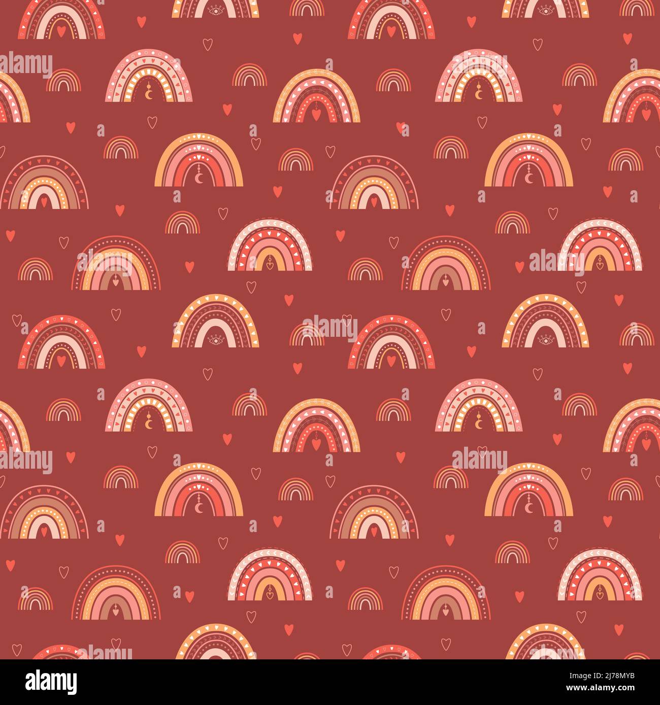 Seamless pattern with boho rainbows, hearts and boho elements. Perfect ...