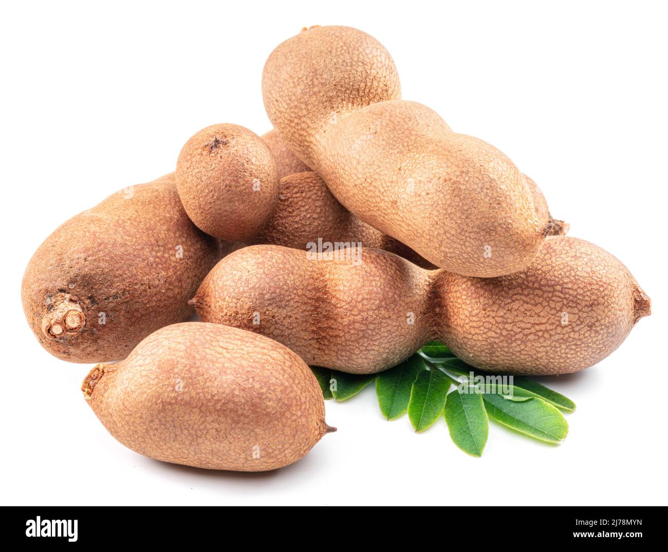 Ripe tamarind fruit pods and leaves isolated on white background Stock ...
