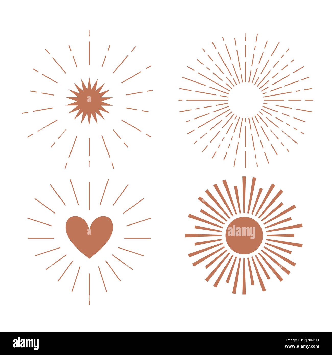 A set of different suns with rays. Boho celestial elements. Vector illustrations isolated on a ...