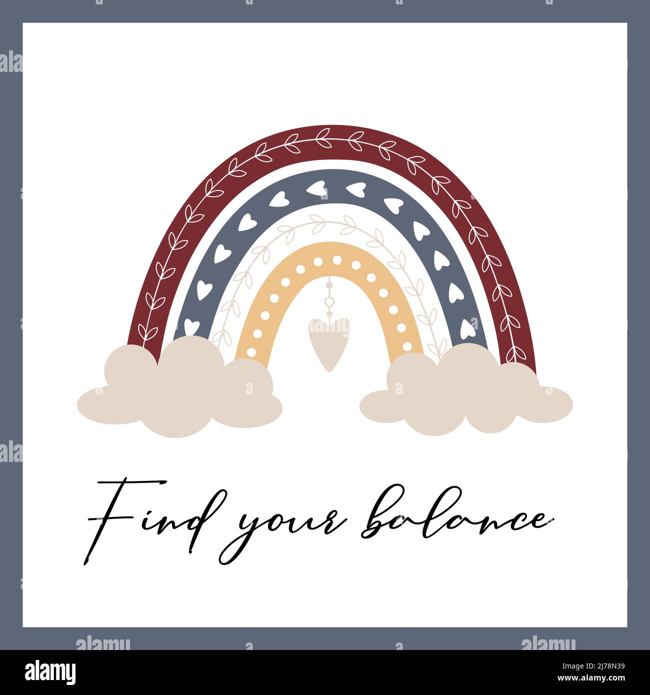 Square postcard with rainbow, heart and clouds. Boho rainbow with twigs ...