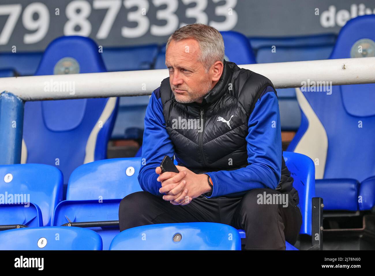 Neil Critchley head coach of Blackpool takes to the stand as he arrives ...