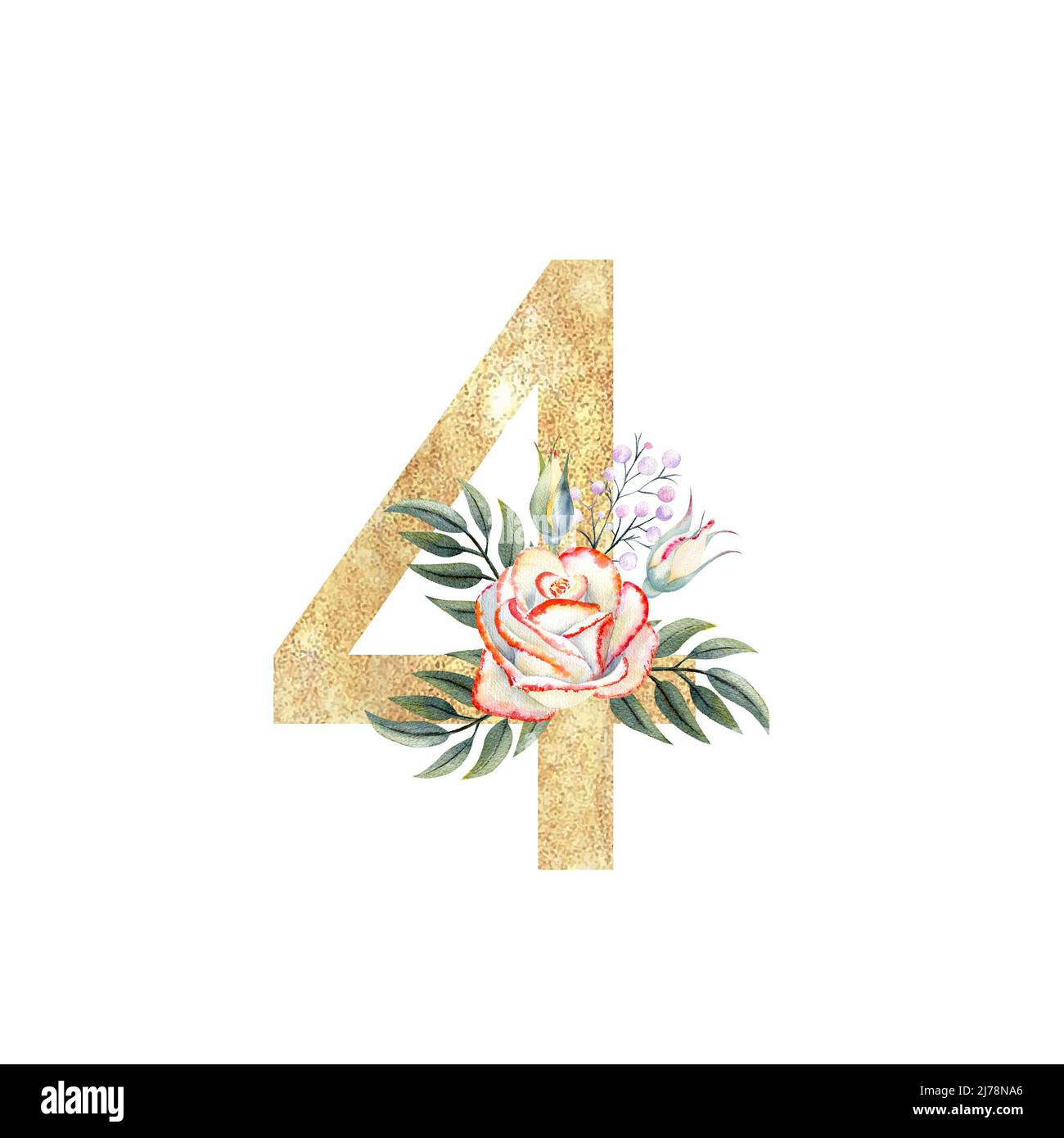 Golden number 4 with a bouquet of pink roses on a white isolated ...