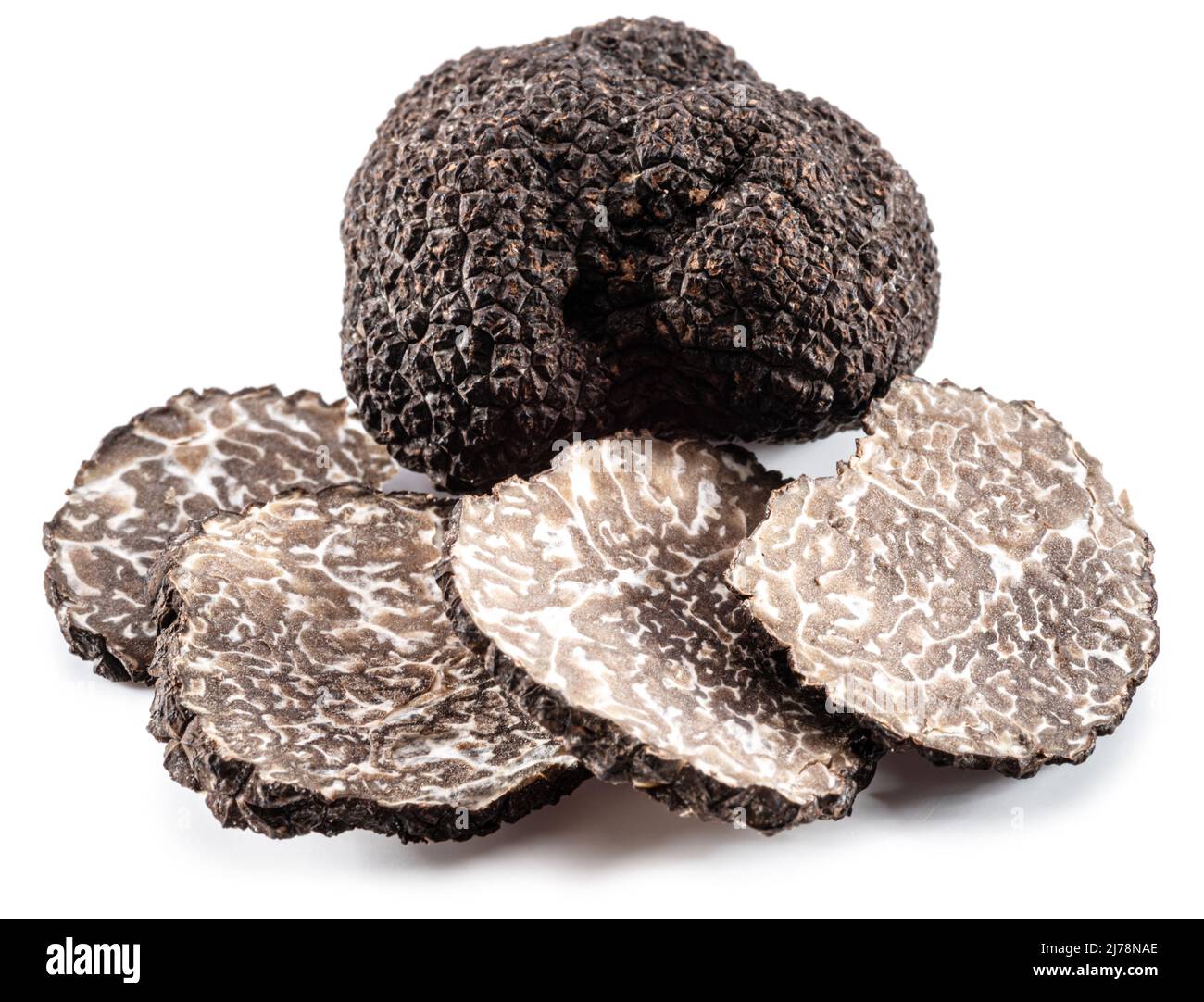 Black winter truffle and truffle slices on white background. The most ...