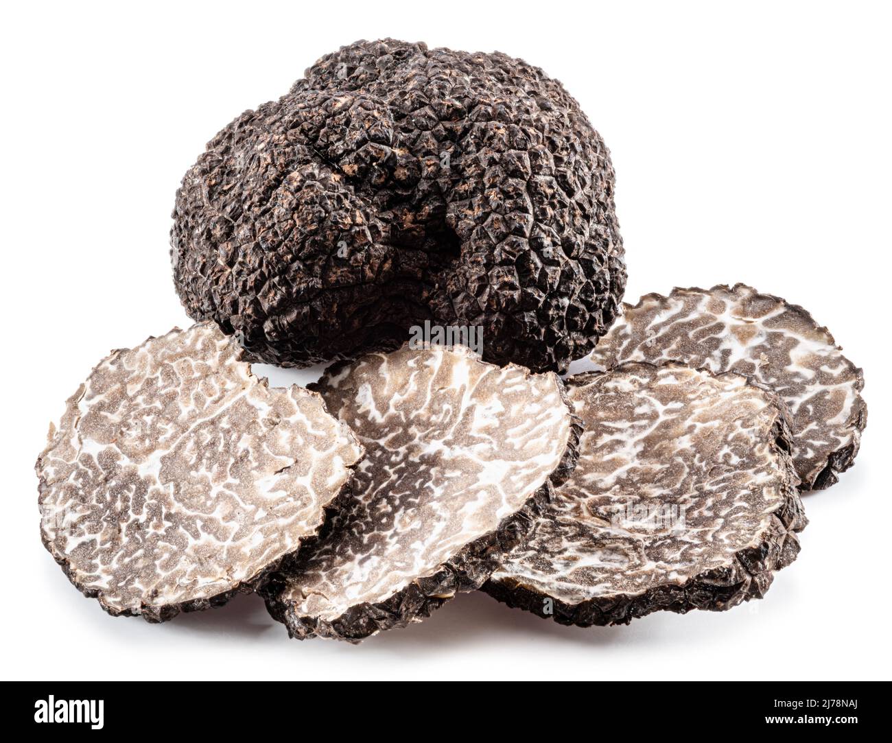 Black winter truffle and truffle slices on white background. The most ...