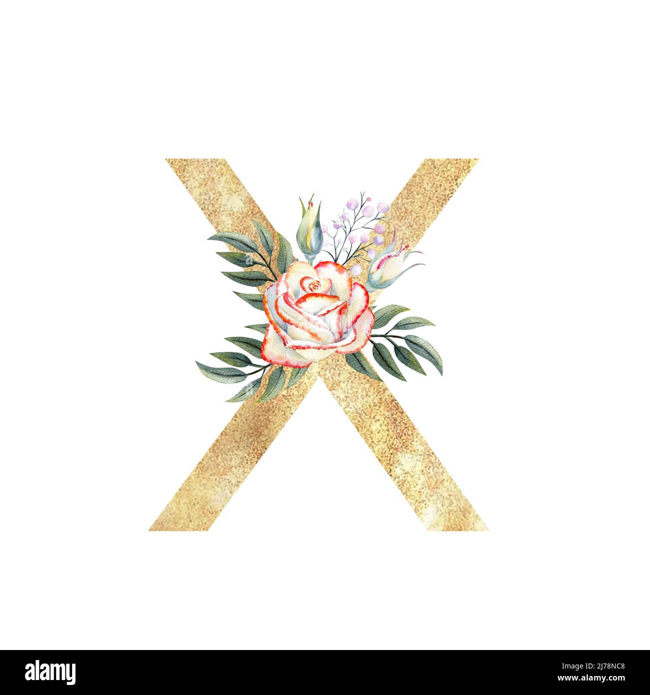 Golden letter x of the English alphabet with a bouquet of pink roses on ...