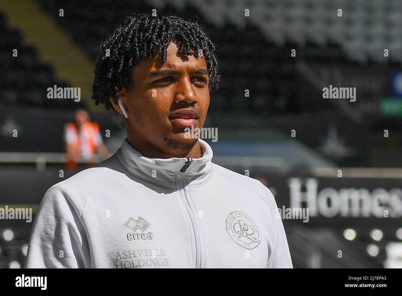 Sam McCallum #16 of Queens Park Rangers arrives at Swansea.com Stadium ...