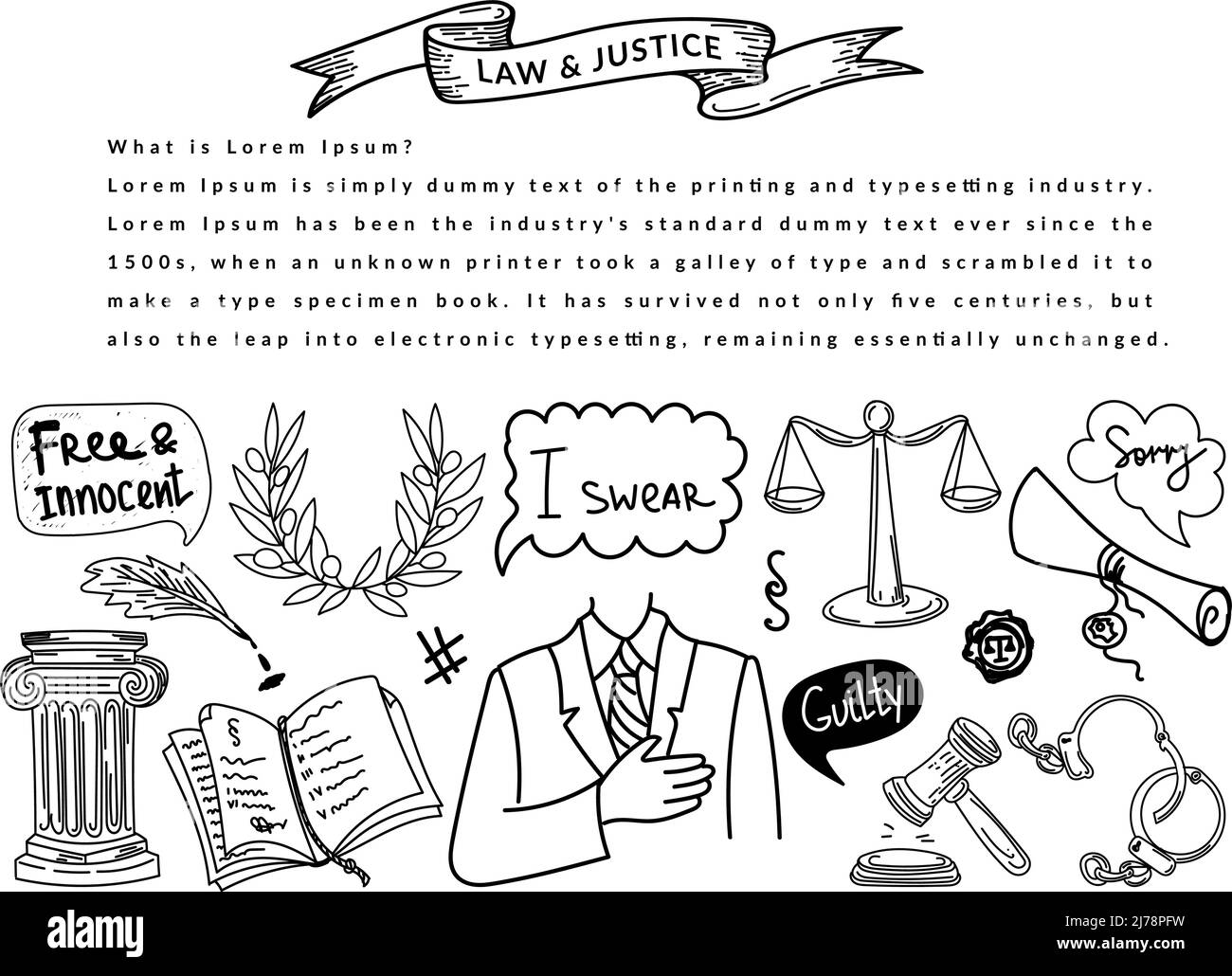 A banner with the symbols of law and justice, a hand-drawn sketch-style ...