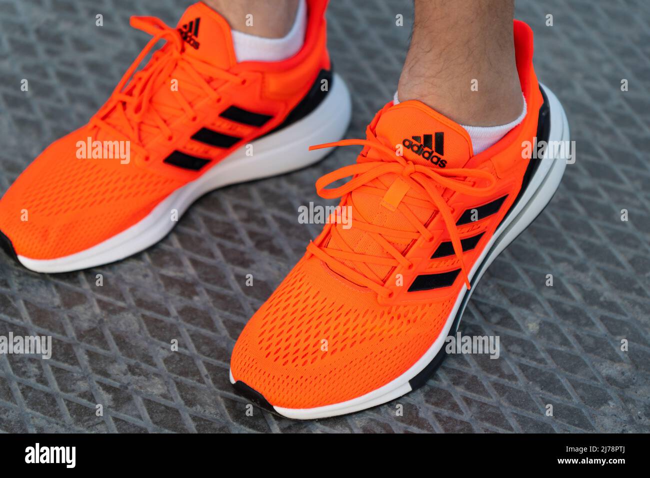 Tyumen, Russia-May 03, 2022: Adidas logo and shoes. Adidas is a German ...