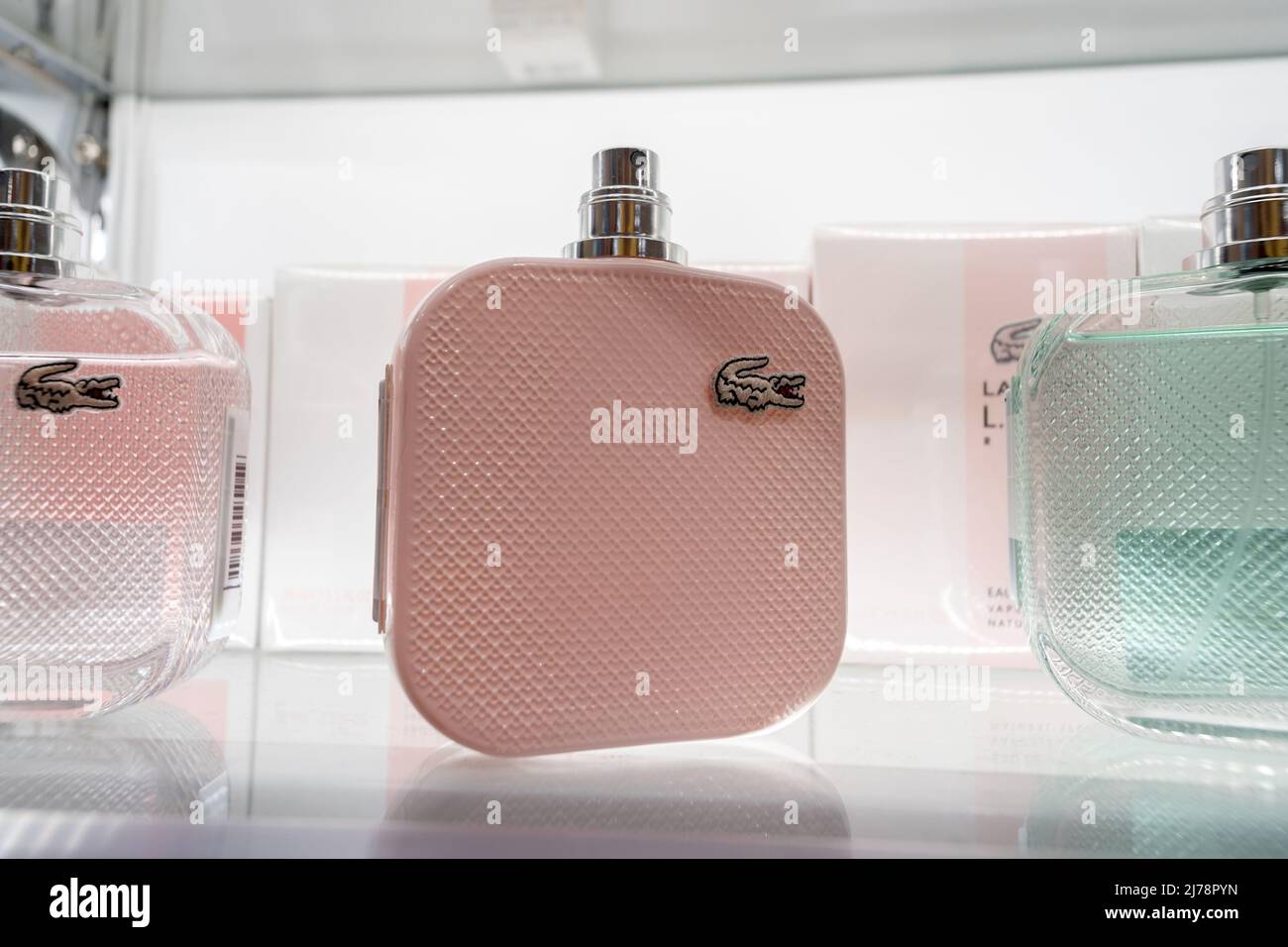 Tyumen, Russia-April 09, 2022: Lacoste perfume shop window display ...