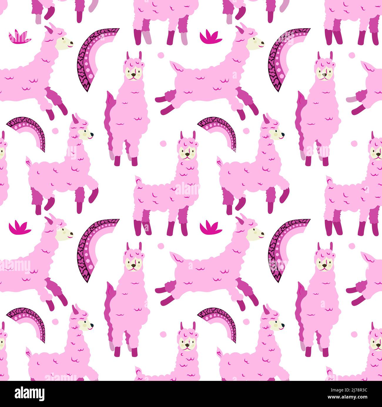 Seamless pattern of pink llamas, rainbows, peas and plants. Animals ...