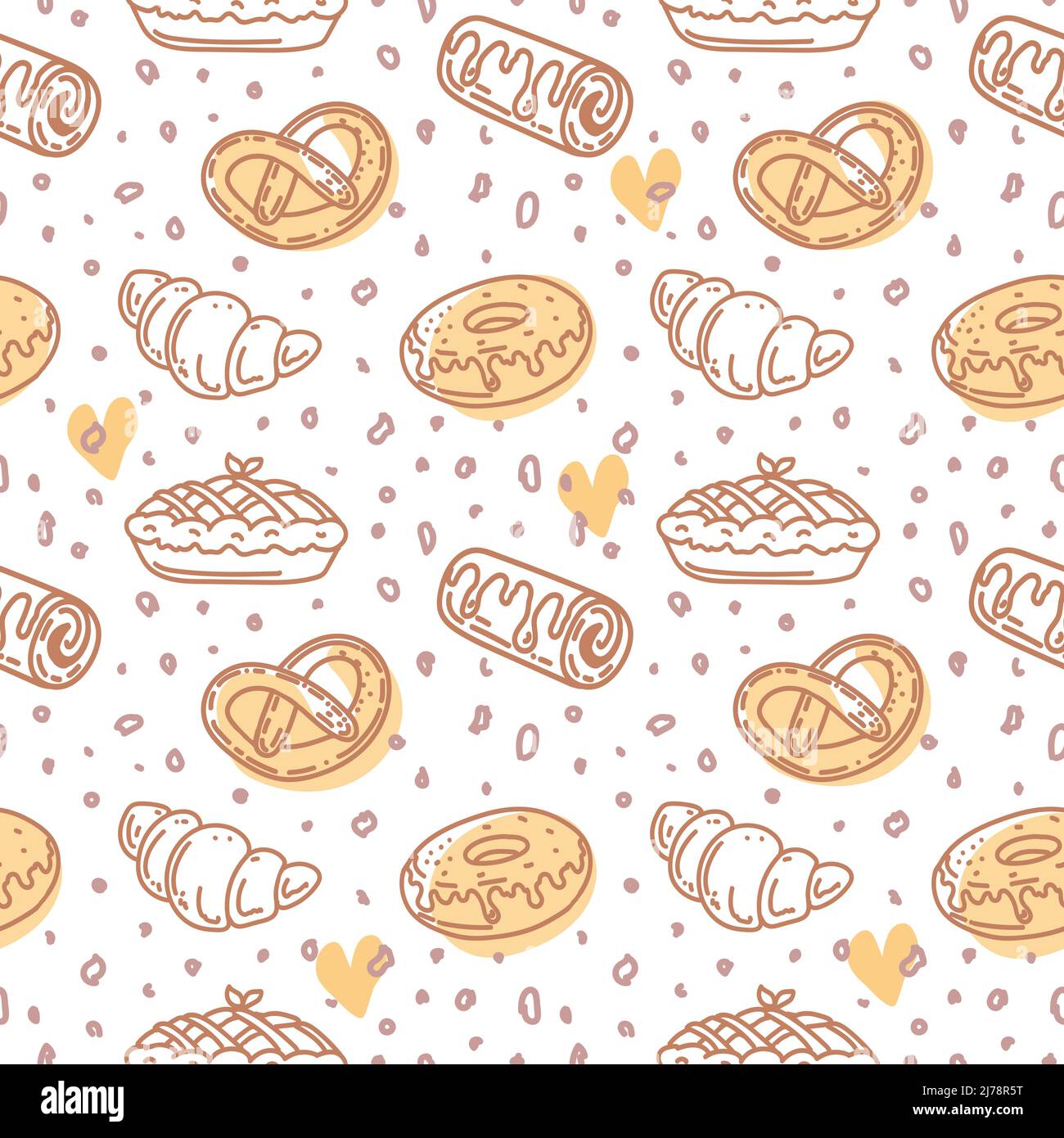 A seamless pattern of hand-drawn bakery items. Toast, pie, muffin ...
