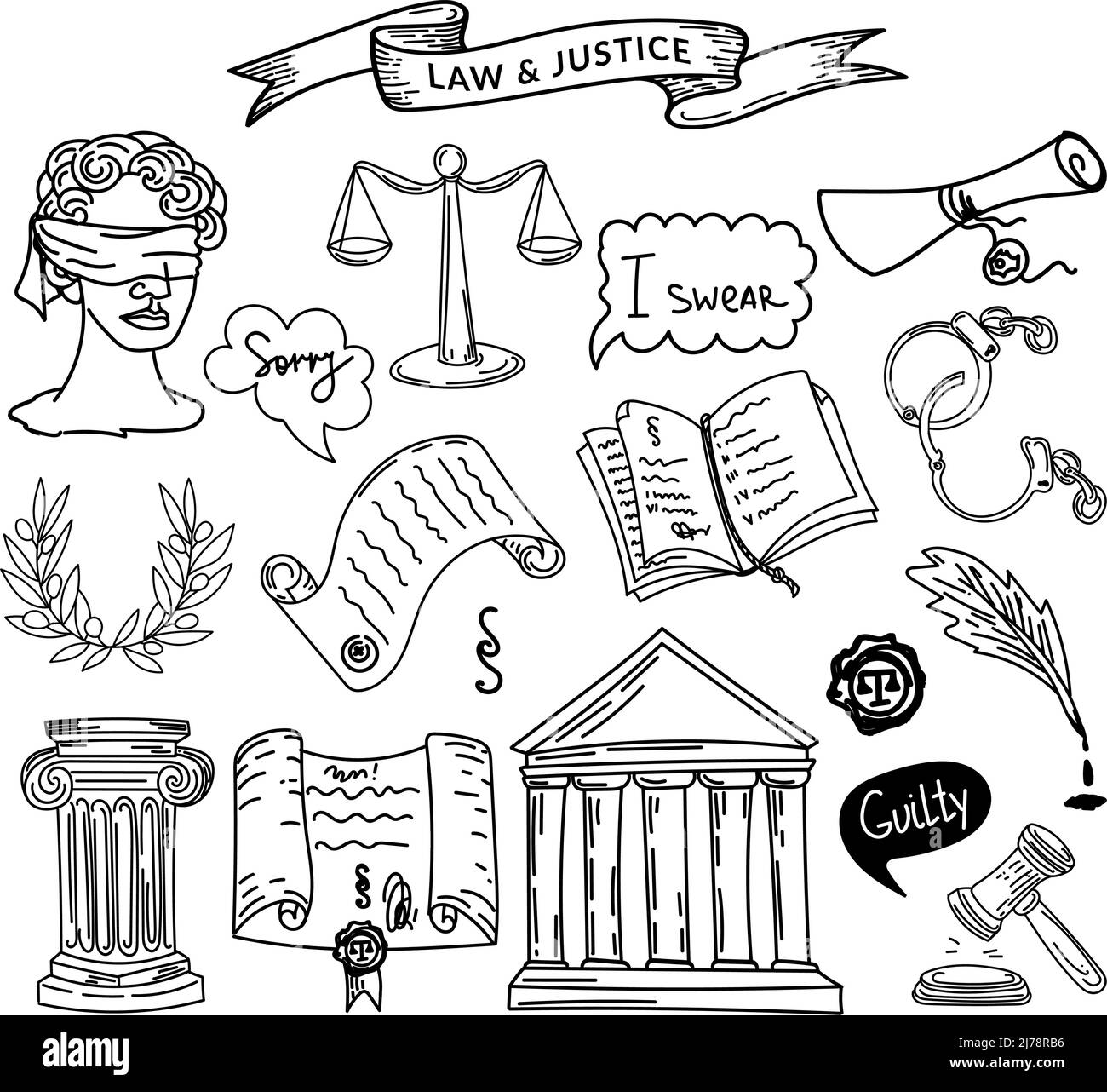A set of law and justice symbols, a hand-drawn sketch-style doodle ...