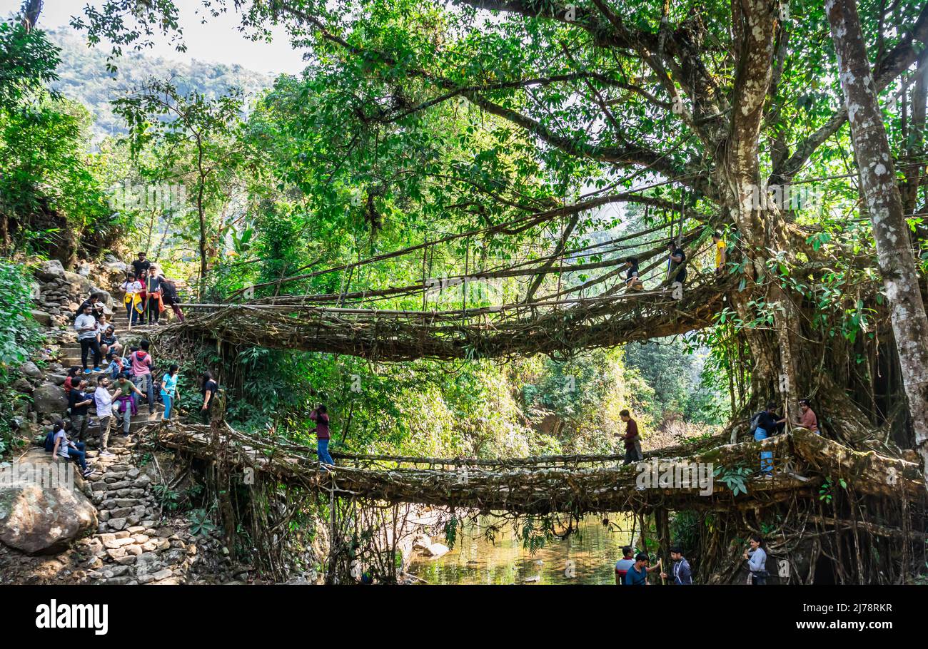 double decker root bridge crowded with tourist at morning from unique ...