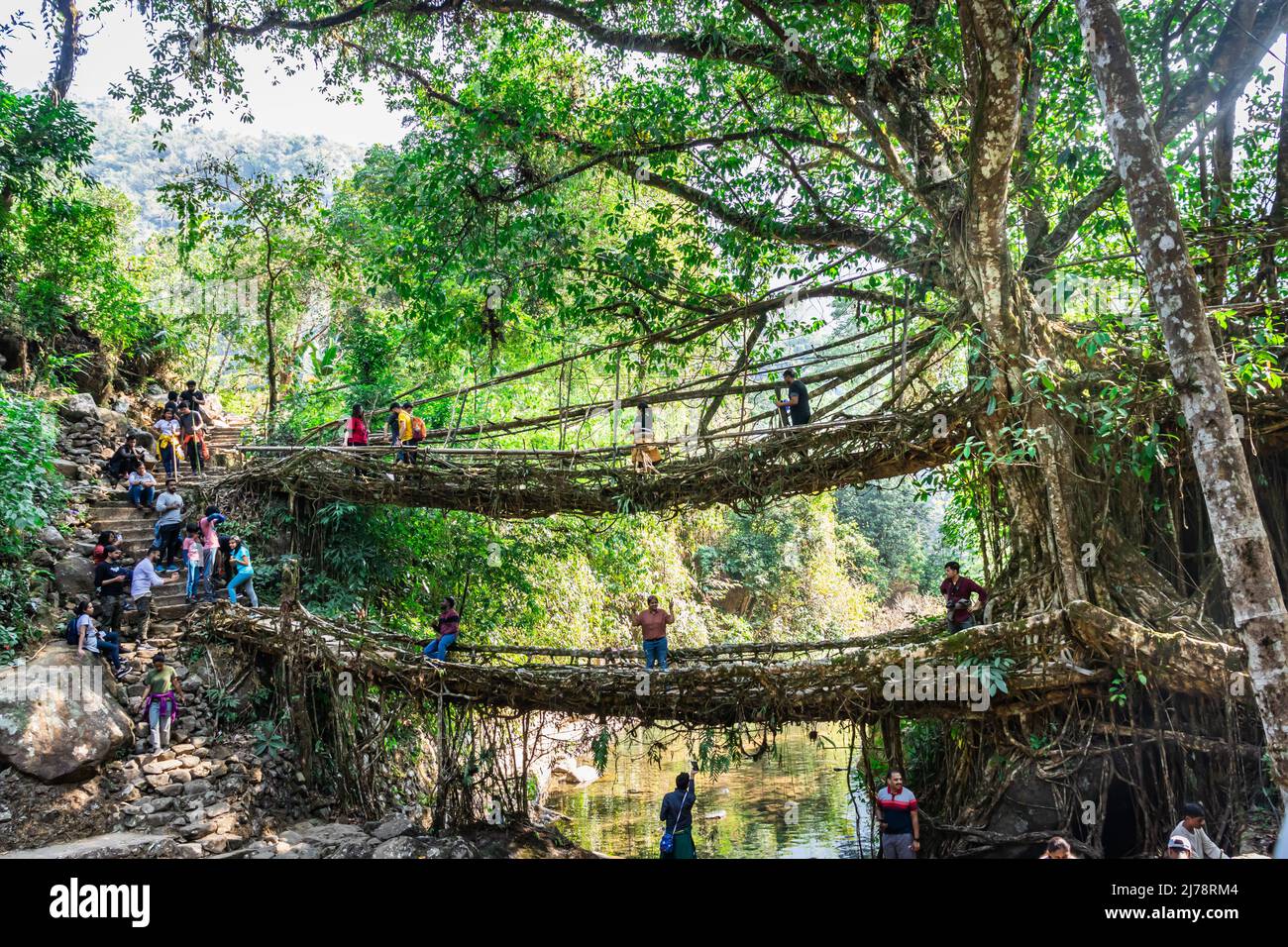 double decker root bridge crowded with tourist at morning from unique ...