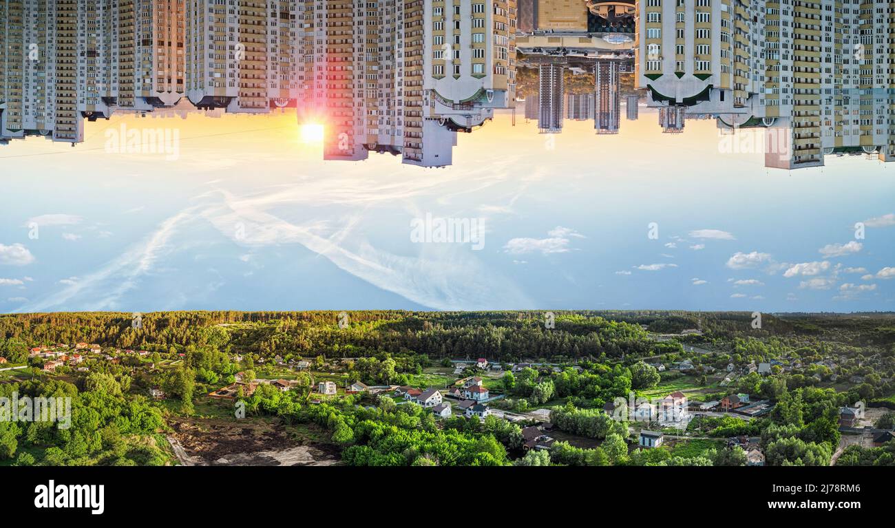 Rural versus urban areas. Beautiful landscape of country village from ...