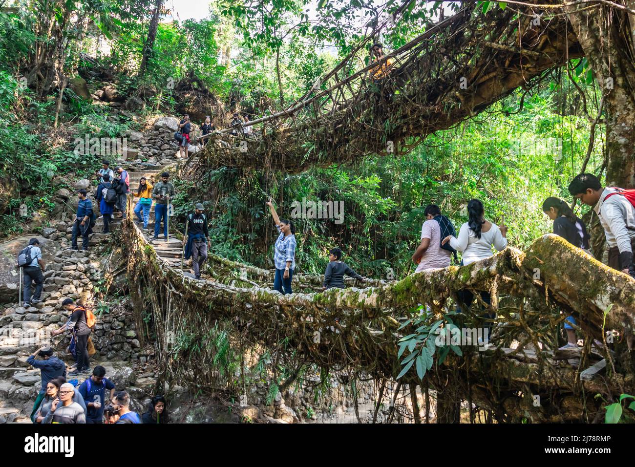 double decker root bridge crowded with tourist at morning from unique ...